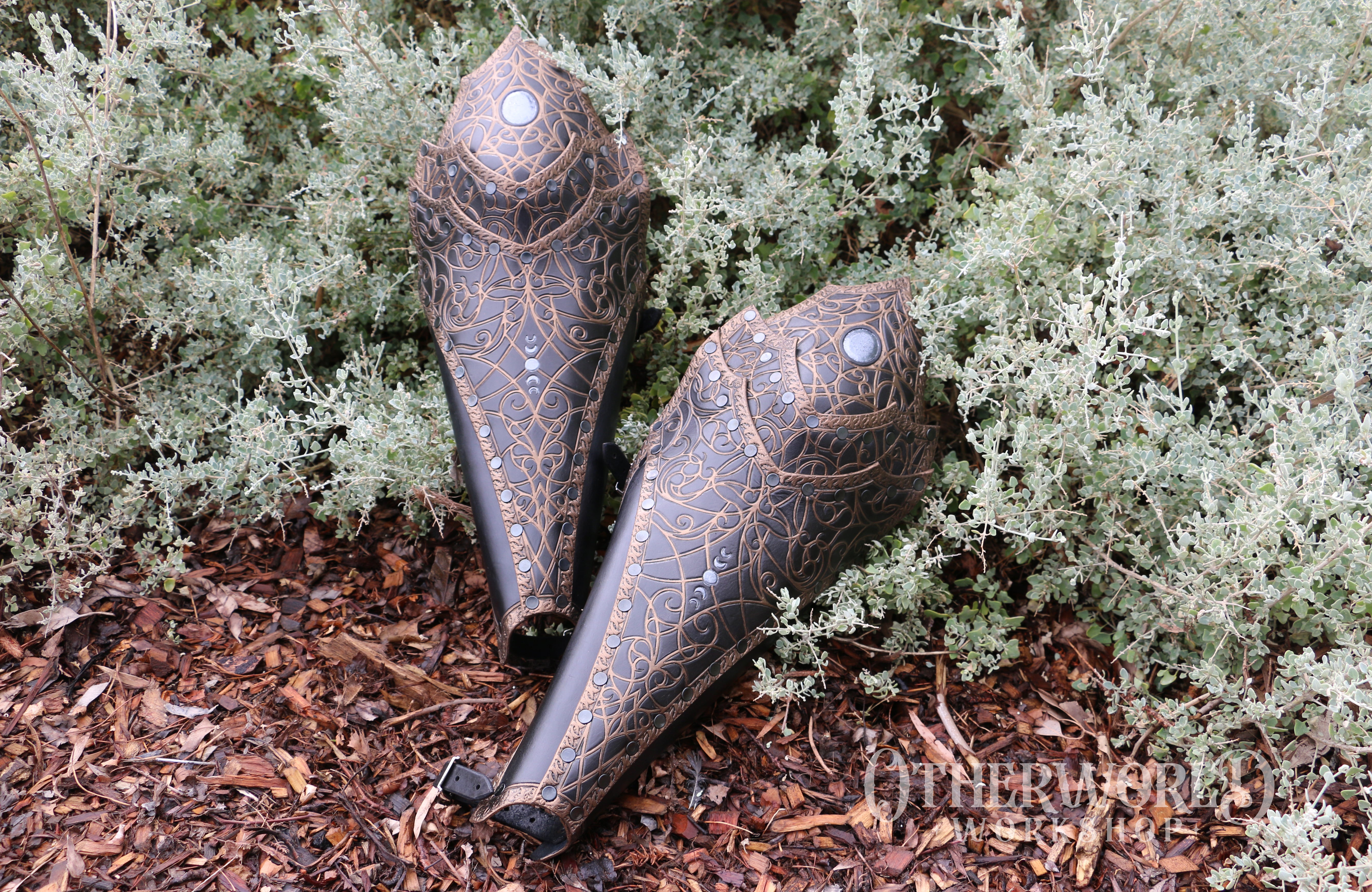Leather Bloodstained Leg Greaves Set – Otherworld Workshop